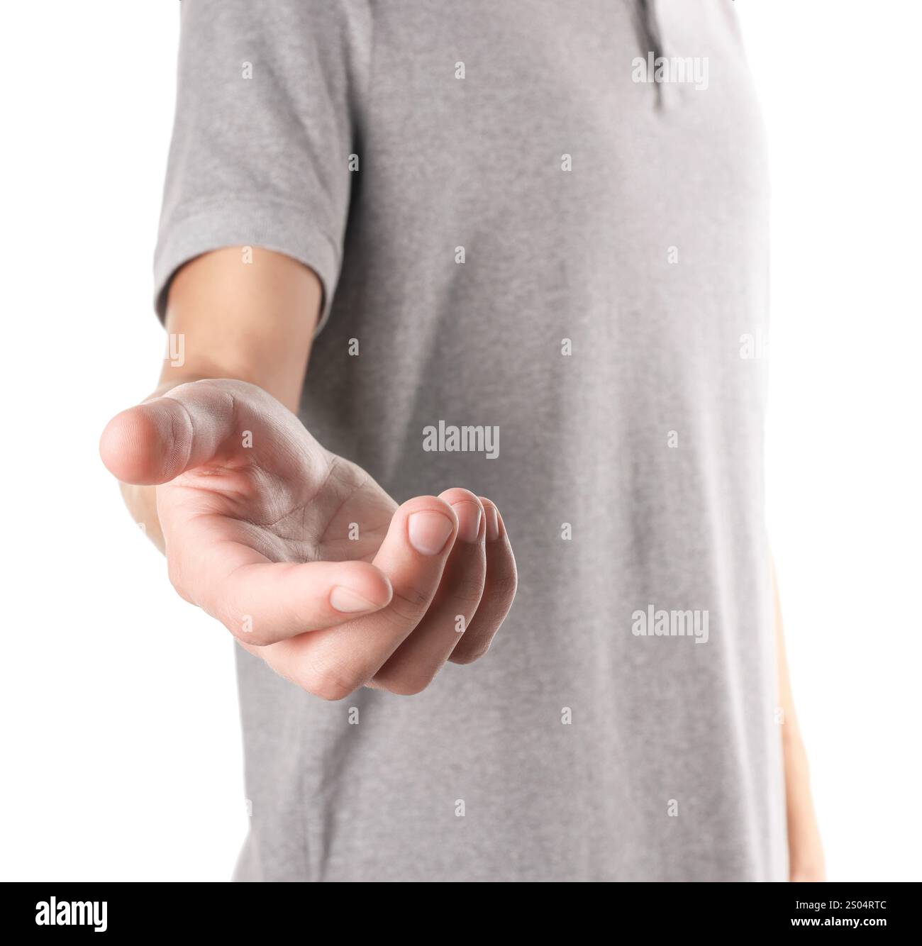 Offering help. Man reaching his hand on white background, closeup Stock ...