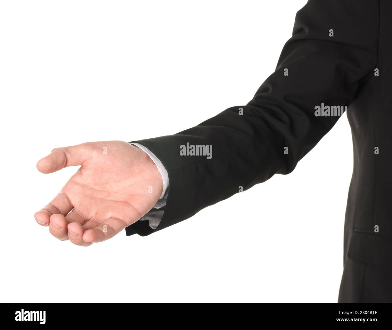 Offering help. Man reaching his hand on white background, closeup Stock ...