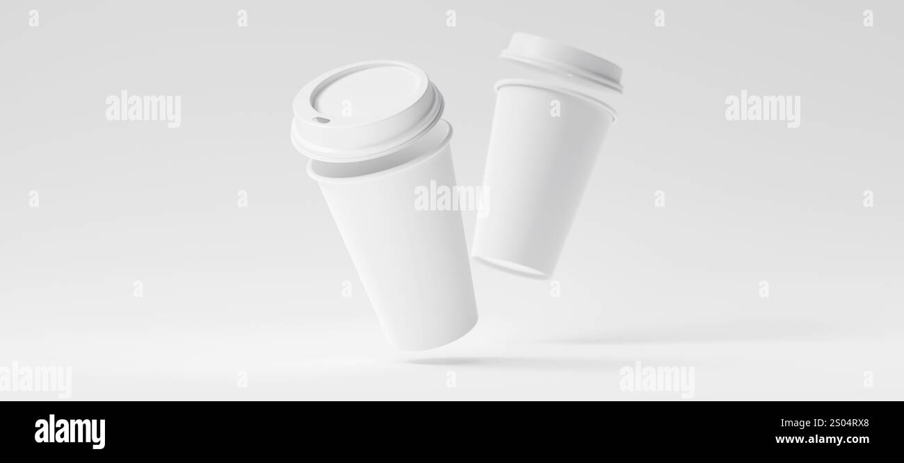 Two Minimalist White Blank Paper Coffee Cup with open lid floating ...