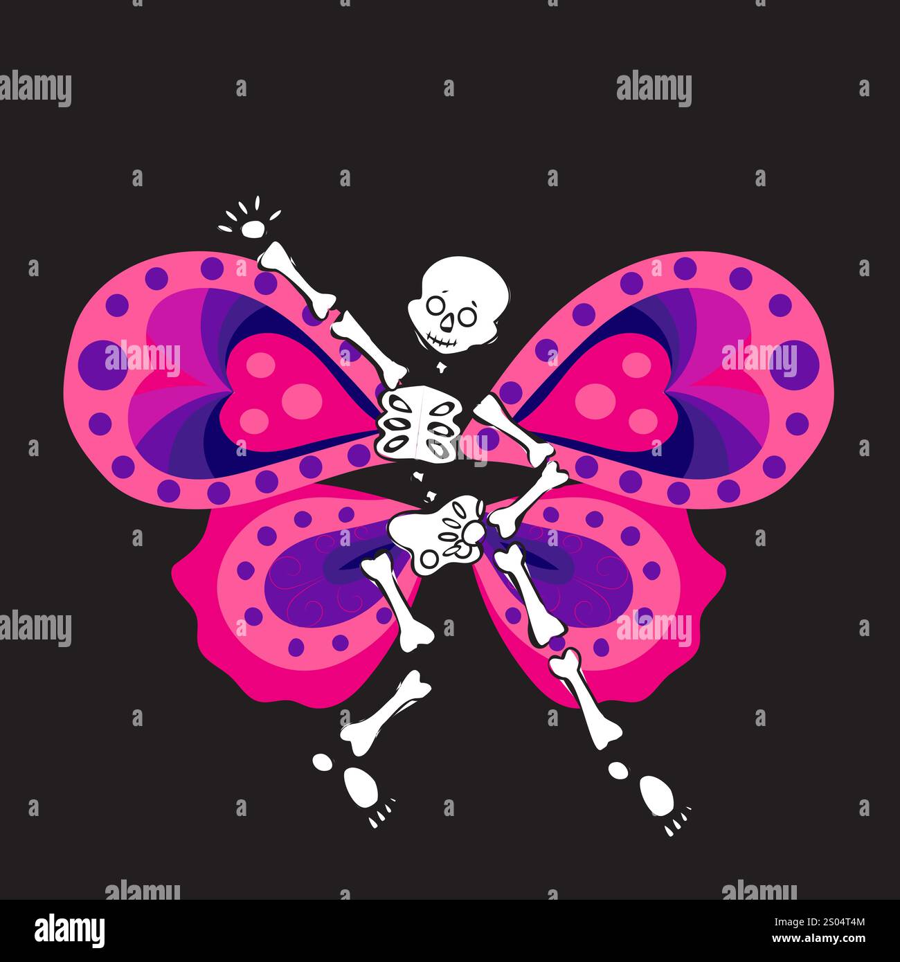 Skeleton with butterfly wings on a black background. Vector ...
