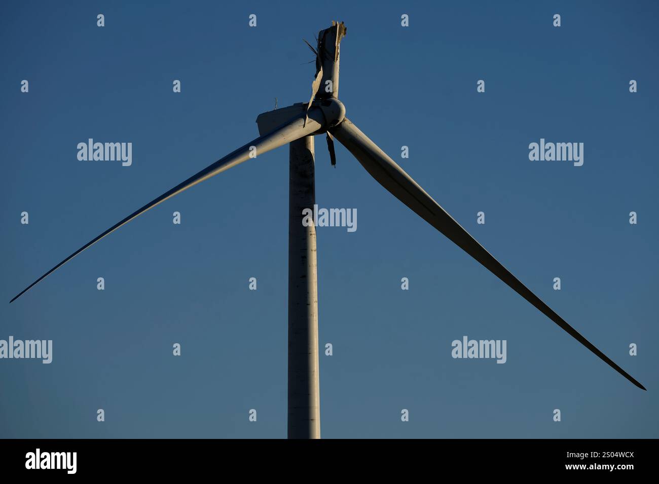 A broken wind turbine is visible at the Buckeye Wind Energy wind farm ...