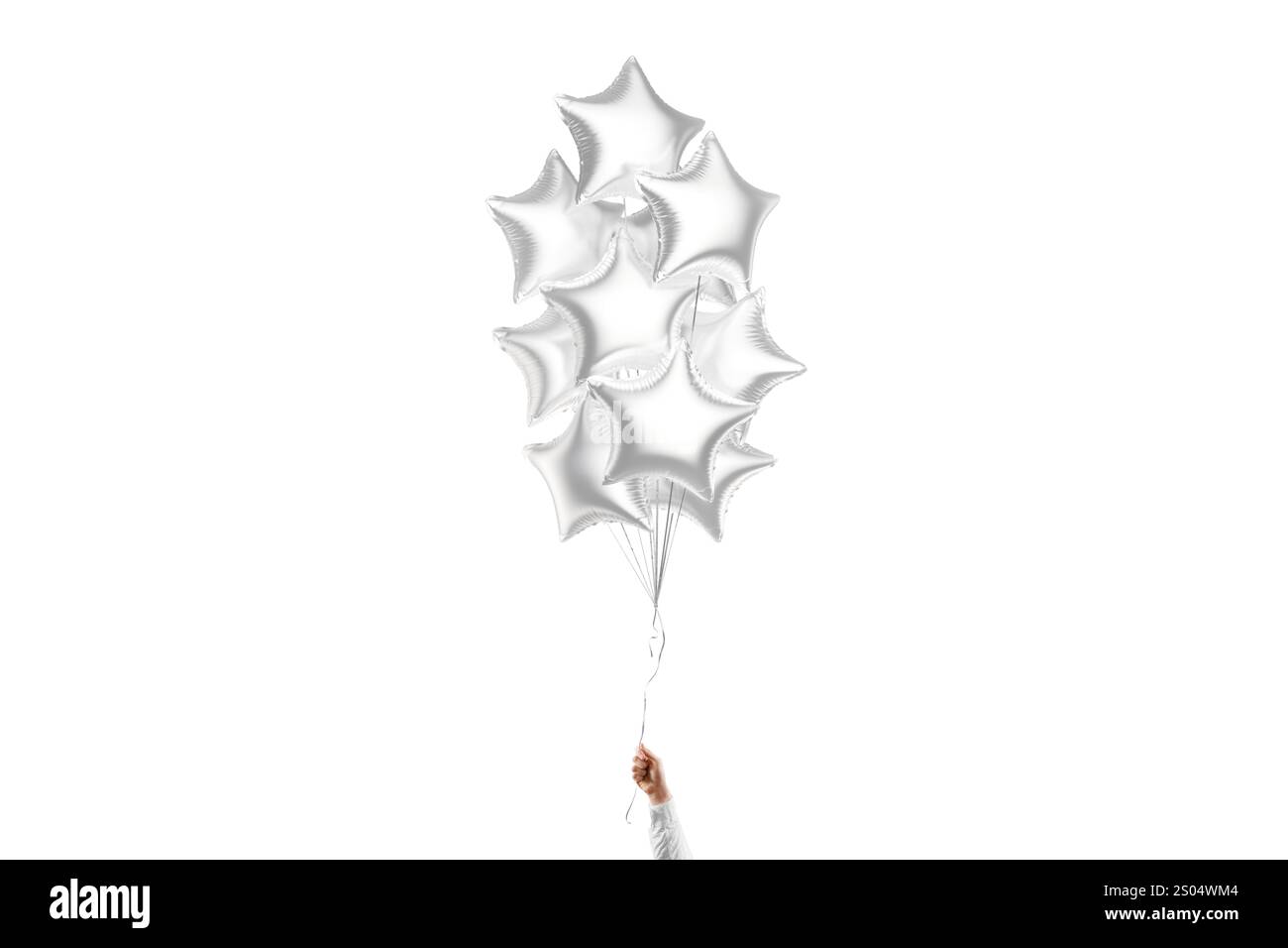 Hand holding blank silver star balloon bouquet mockup, isolated, 3d ...