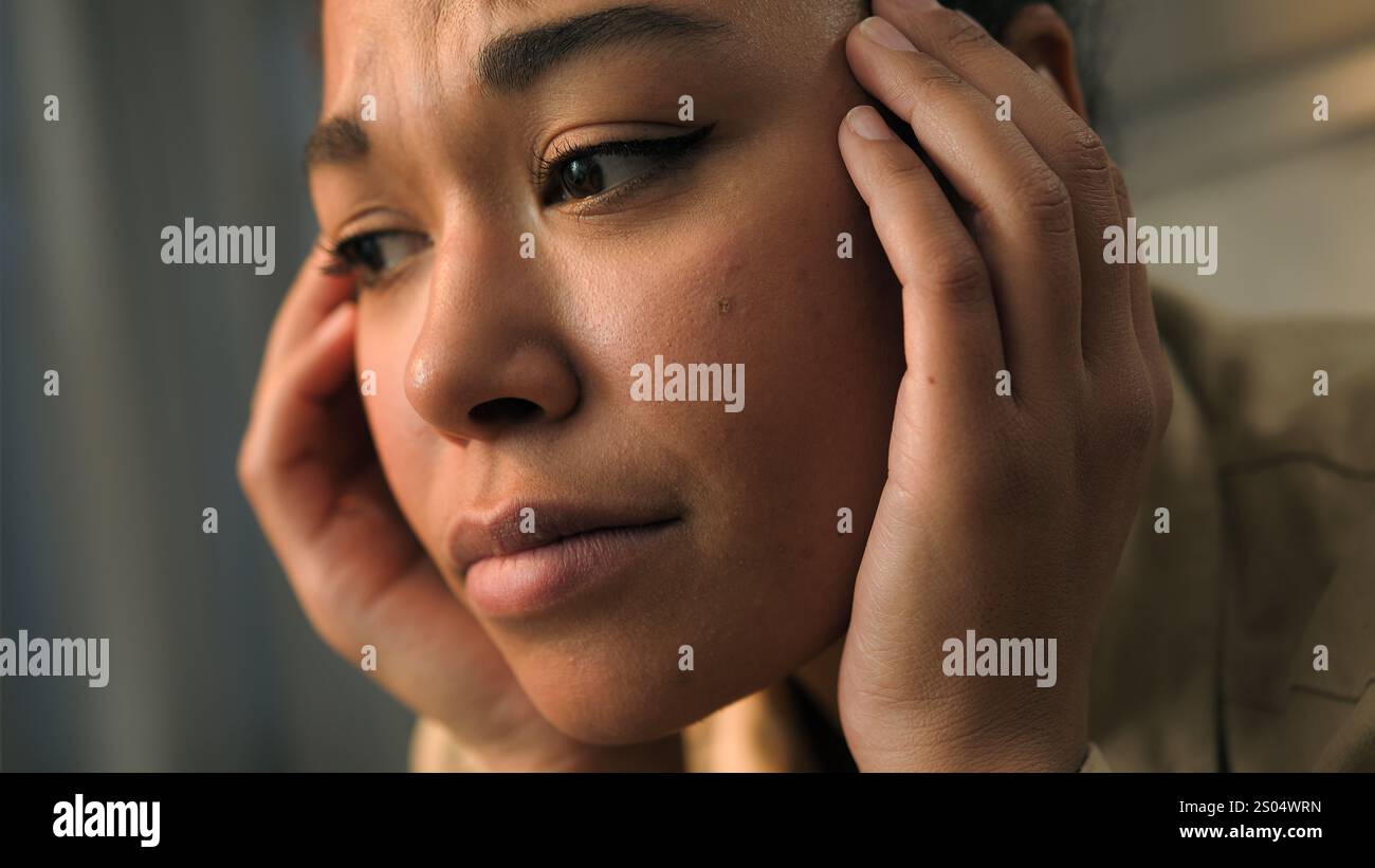 Close up unwell sad anxious African american woman sad face expression ...