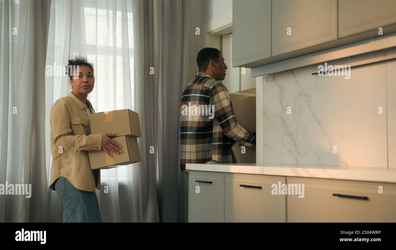 Frustrated sad couple ethnic woman man African American family upset ...