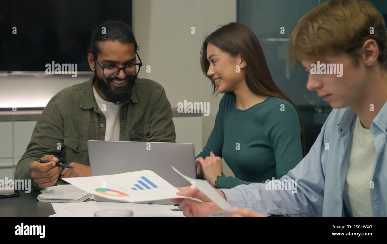 Happy team coworkers colleagues managers man woman talk laugh discuss ...