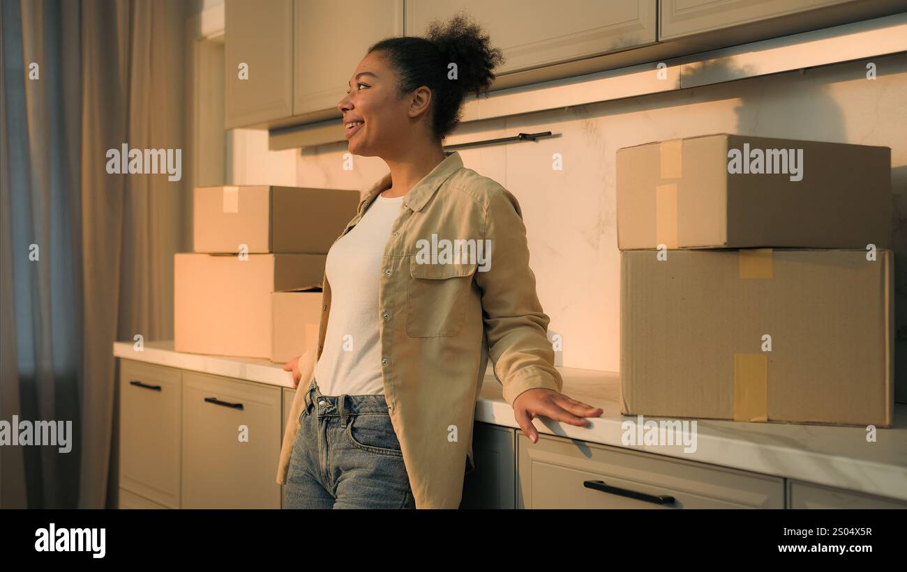 Happy smiling woman African American girl cheerful homeowner renter ...
