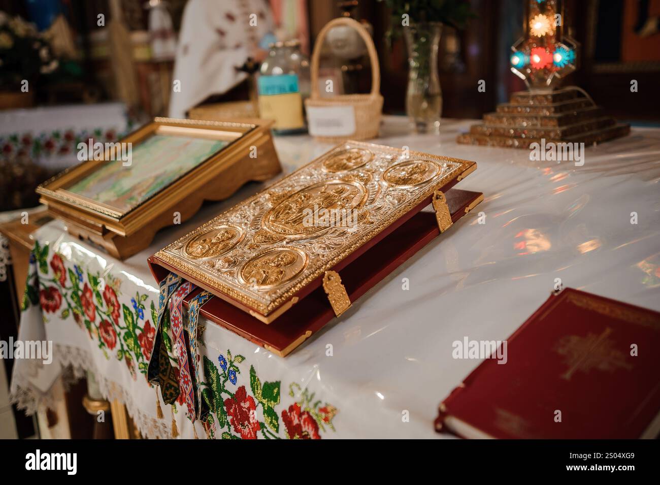 Ornate Religious Altar Display with Decorative Books and Cultural ...