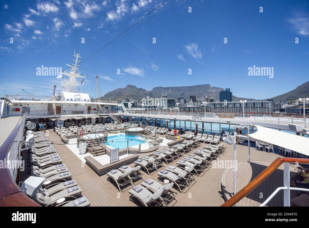 Table Mountain seen from the balcony overlooking the pool deck on the ...