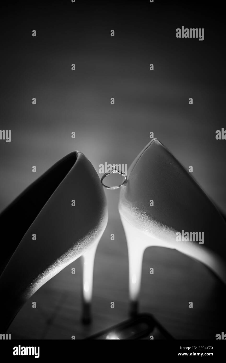 Elegant Bridal Attire with Detailed Wedding Ring on High Heels Stock ...