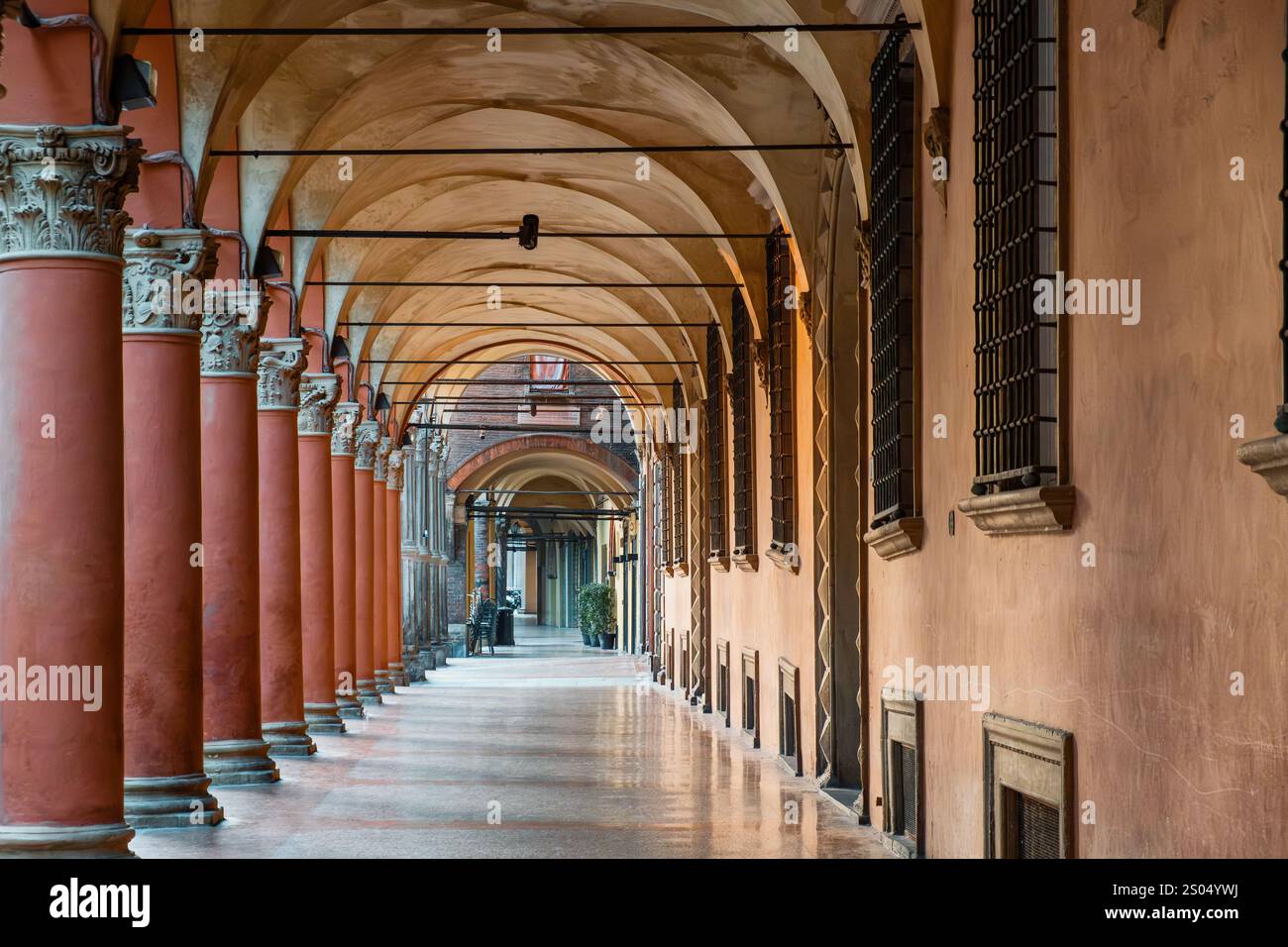 Portico columns on Piazza Santo Stefano in Bologna old town, Emilia ...