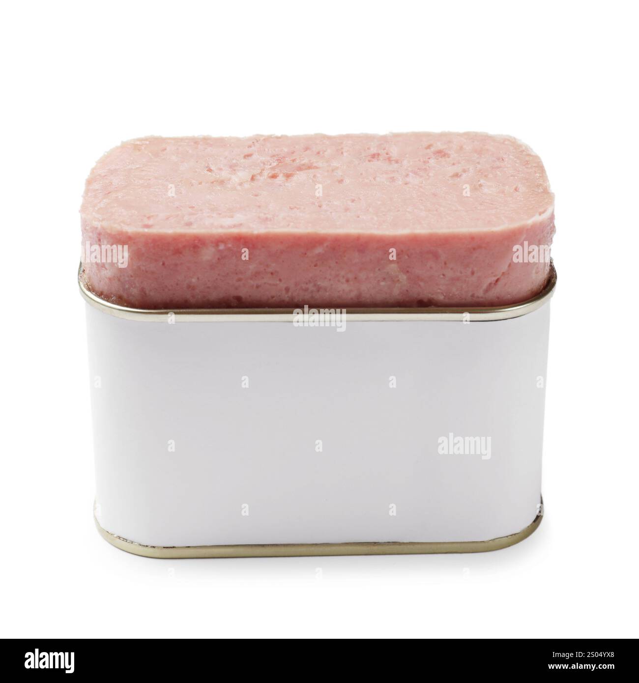 Canned meat in tin can isolated on white Stock Photo - Alamy