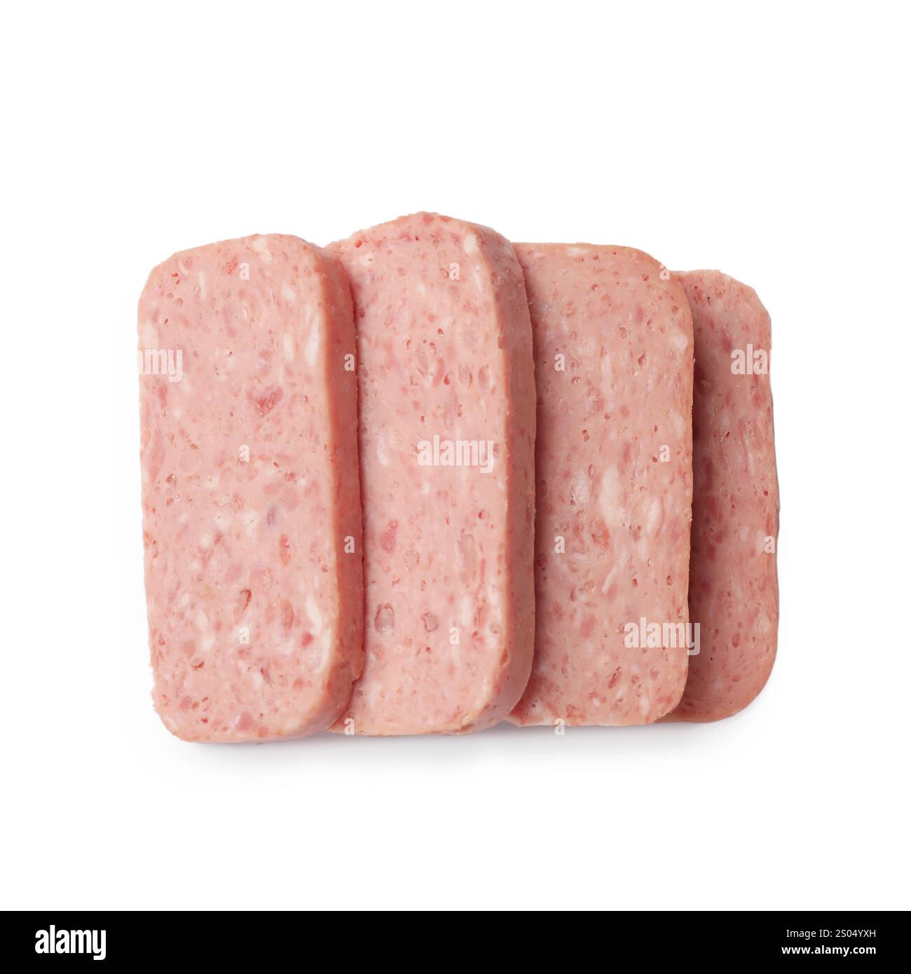 Pieces of canned meat isolated on white, top view Stock Photo - Alamy