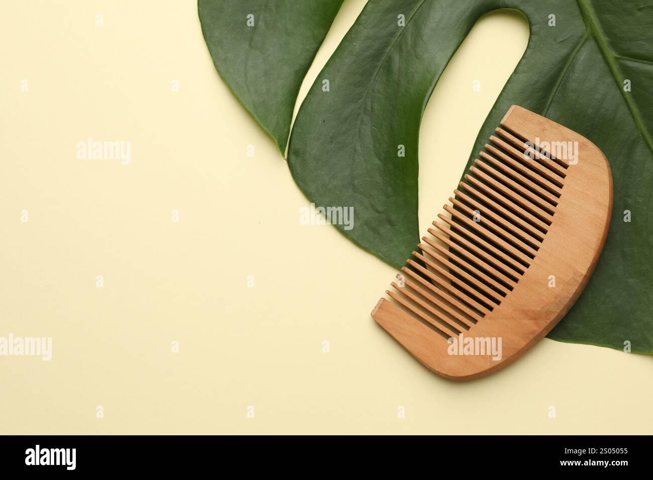 Wooden comb and monstera leaf on beige background, top view. Space for ...