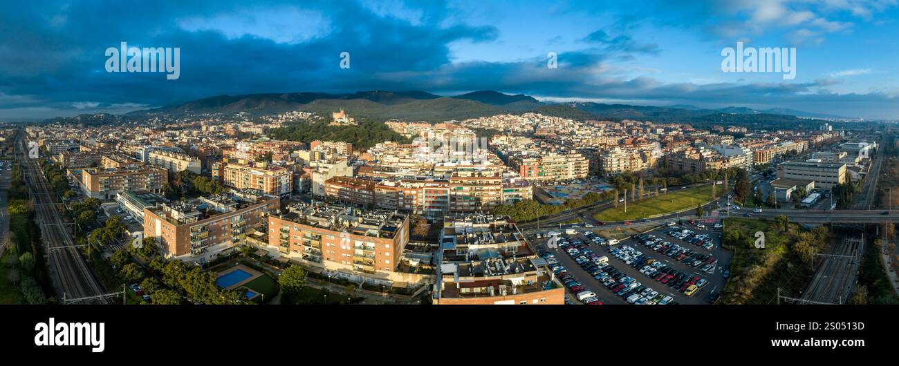 Aerial view of Castelldefels hilltop medieval castle and surrounding ...