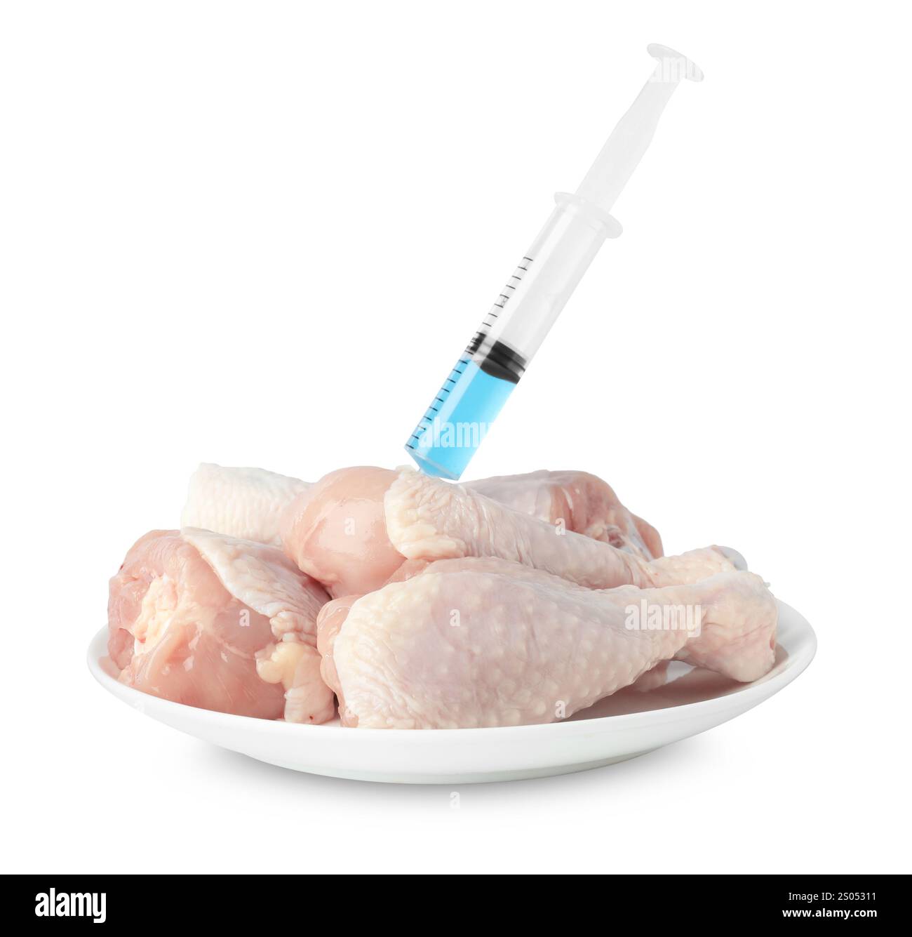 GMO concept. Chicken drumsticks and syringe isolated on white Stock ...