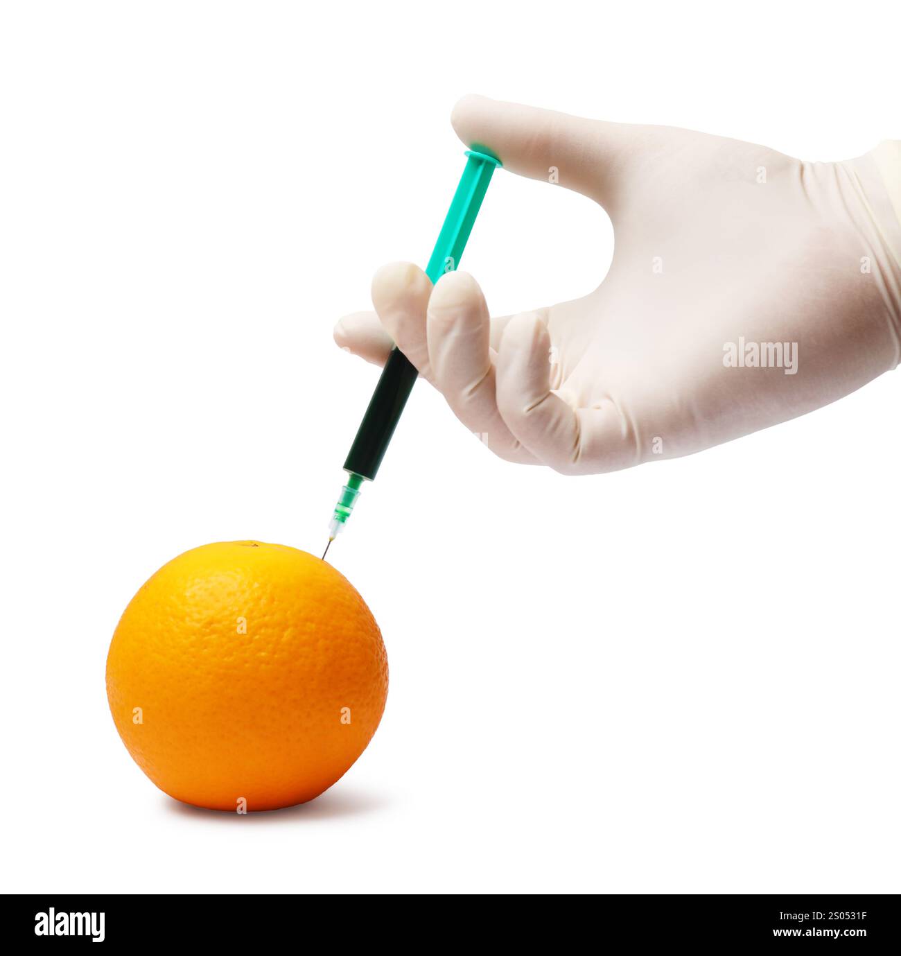 GMO concept. Scientist injecting something into fresh orange against ...