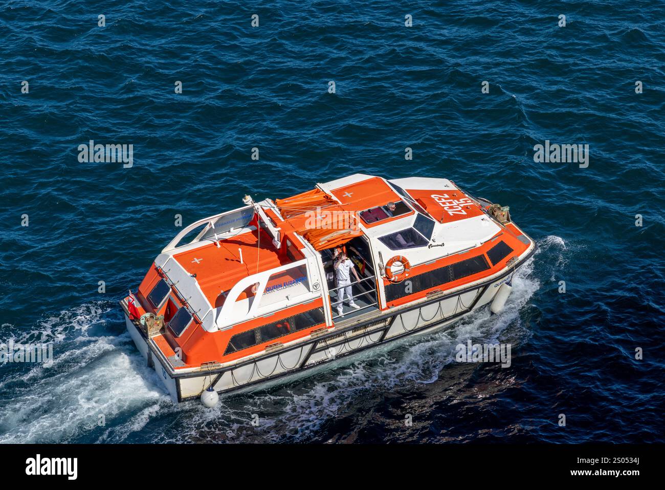 Tender boat from Cunard Queen Elizabeth cruise ship transporting ...