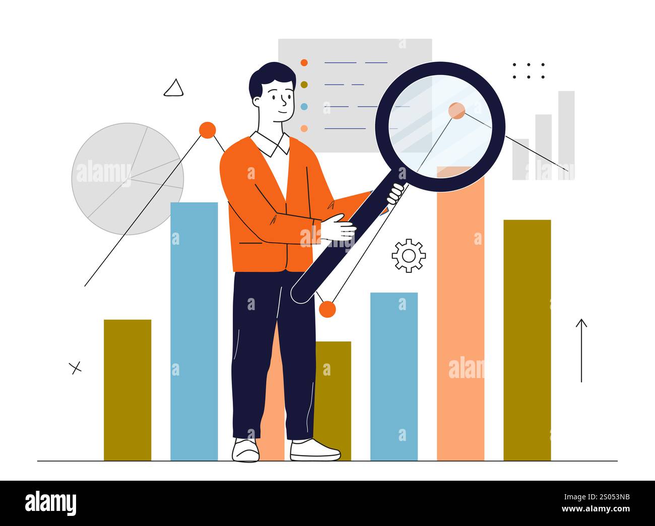 Man Analyze Graph Young Guy With Magnifying Glass Evaluates Graphs And