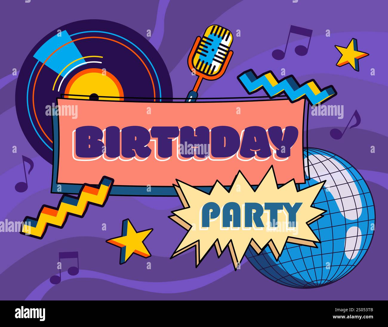 Retro birthday poster. Vinyl disc, microphone and disco ball with notes ...