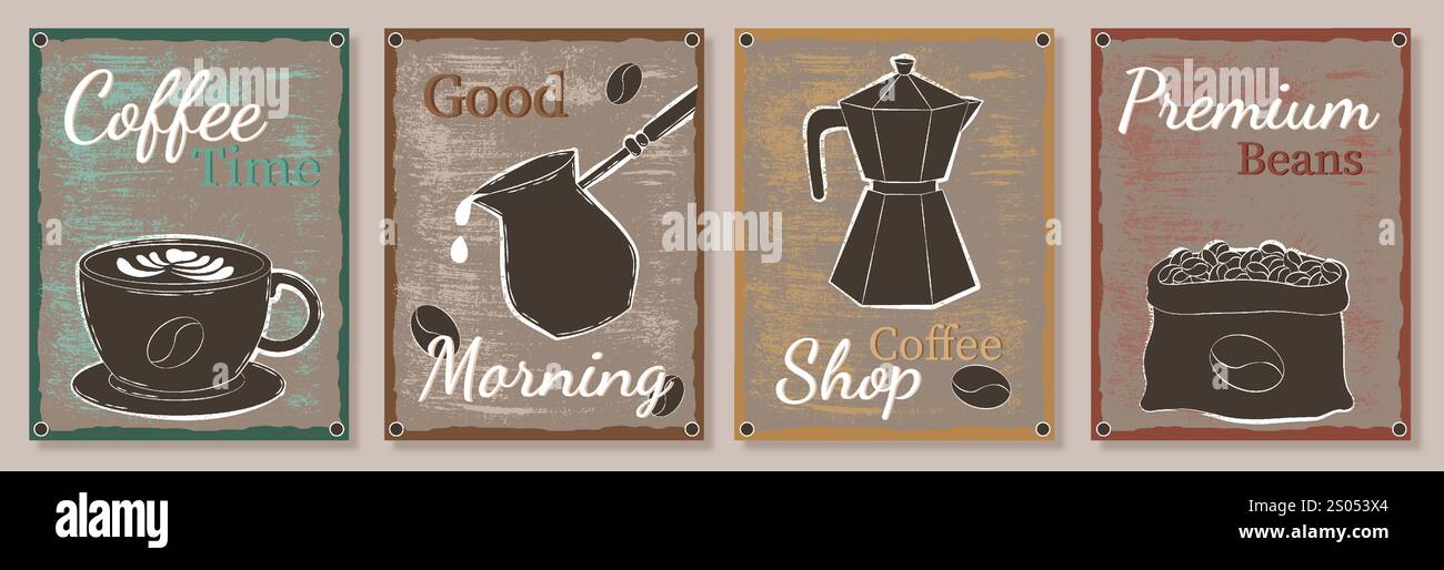 Coffee posters set. Aroma and beverage. Cup with hot drink, grinder and ...