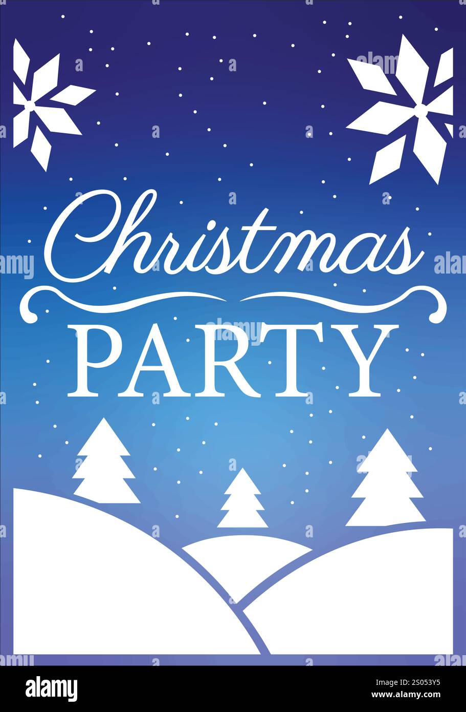 Christmas party poster. Snowy hills and christmas trees. Winter holiday ...