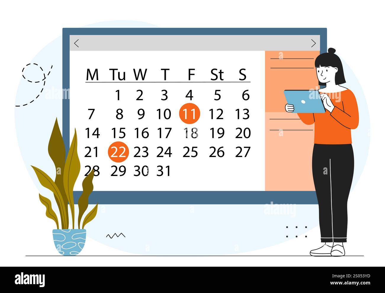 Woman with calendar. Young girl selects dates on calendar. Time ...