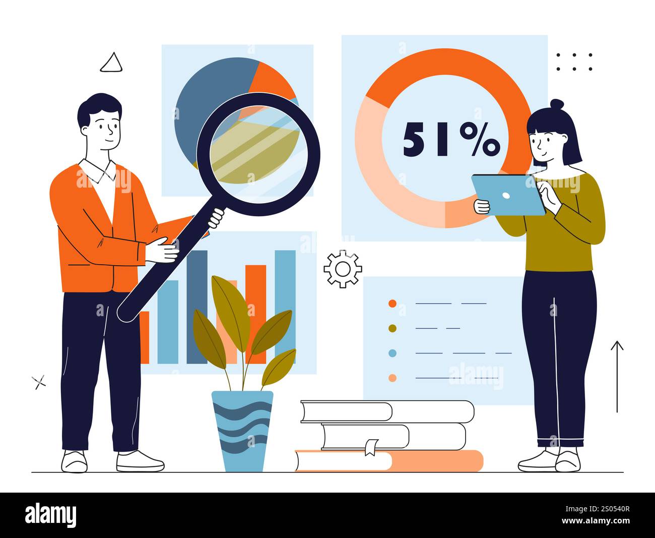 Data analysis concept. Woman and man with magnifying glass near graphs ...
