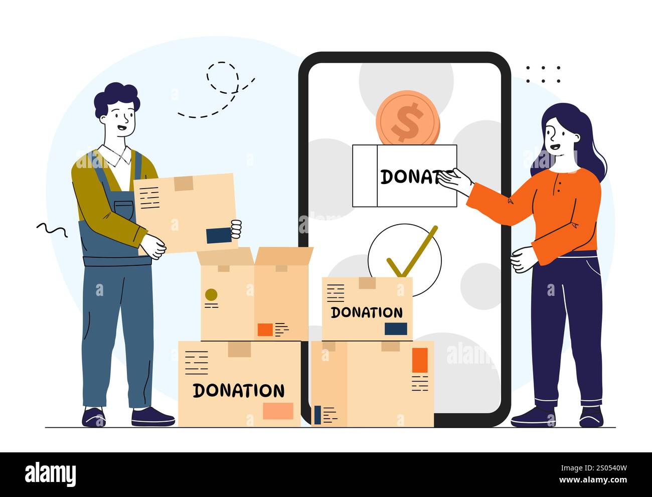 People with donation. Man and woman with cardboard boxes near ...