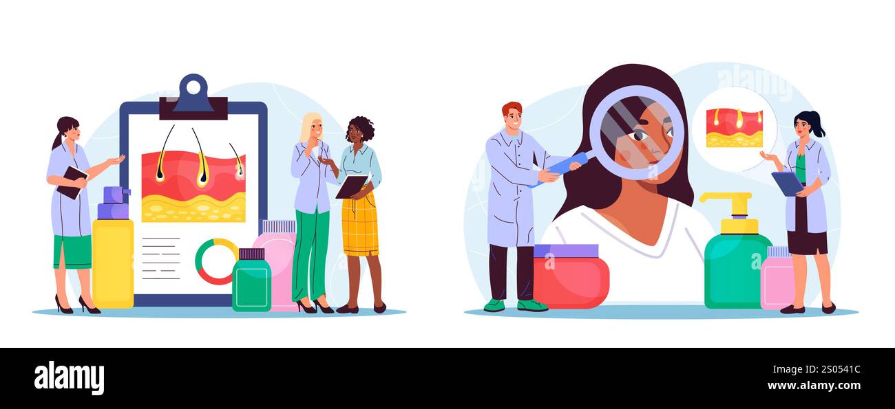 Diagnosis by dermatologist set. Doctors analyze structure of dermis ...