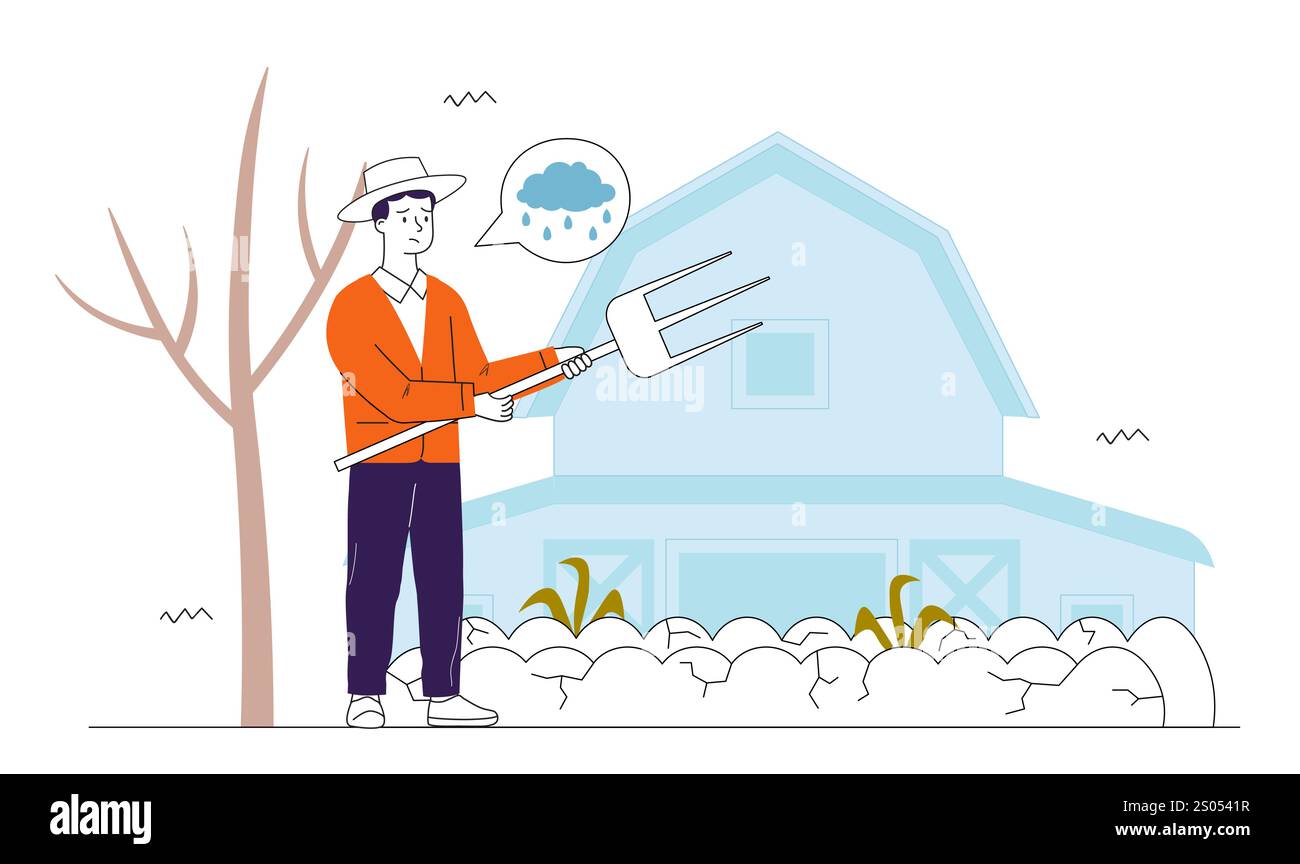 Man with drought. Farmer near desert and dry wood, tree. Climate change ...