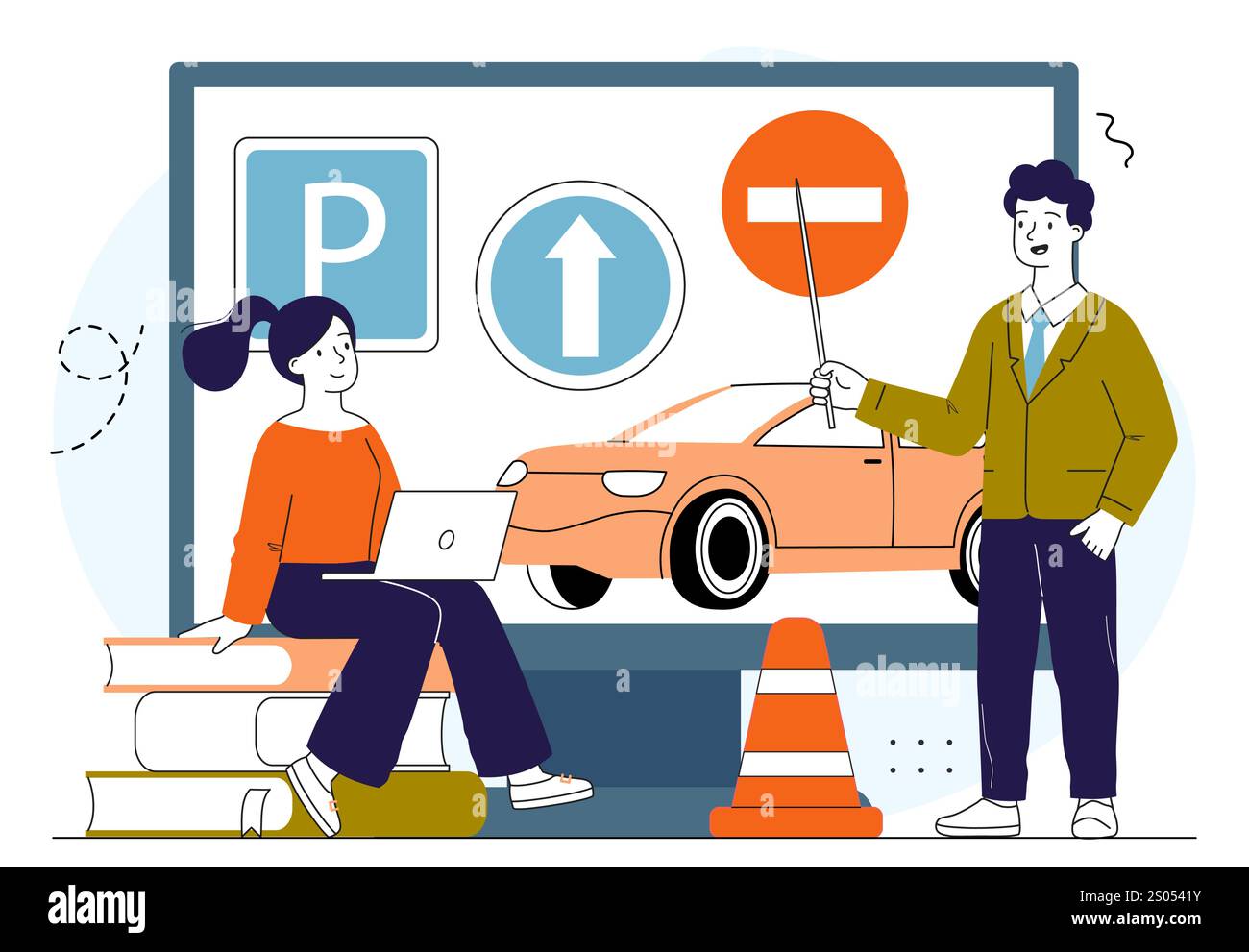 Lesson in driving school. Man and woman with road signs near car ...