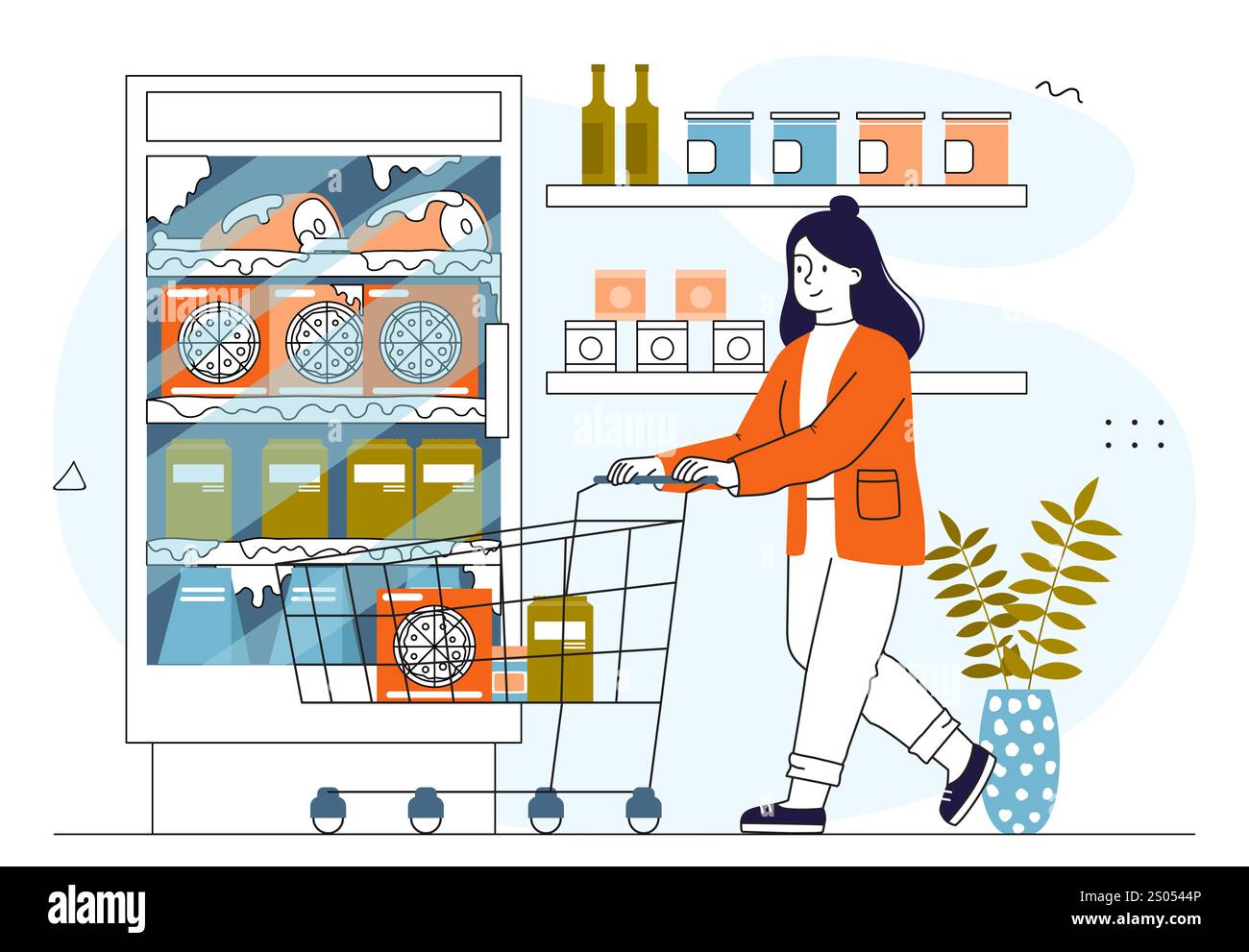 Woman buy frozen foods. Woman with cart in supermarket buying pizza ...