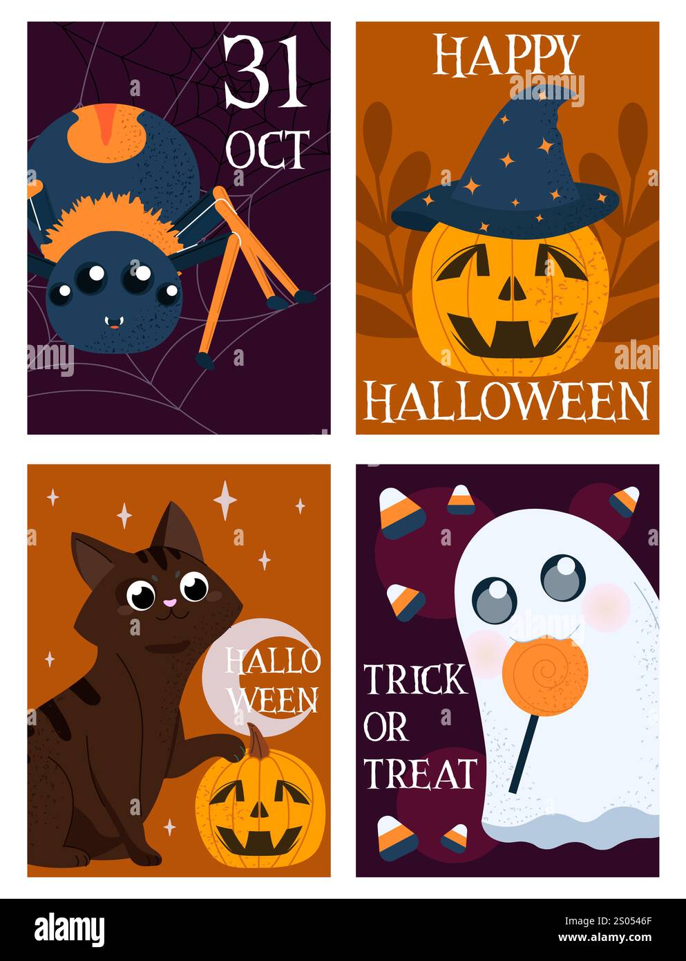 Halloween posters set. Ghost, spider, pumpkin with witch hat and cat ...