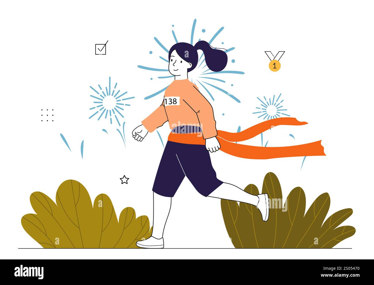 Marathon winner woman. Young girl crossing finish line. Active ...