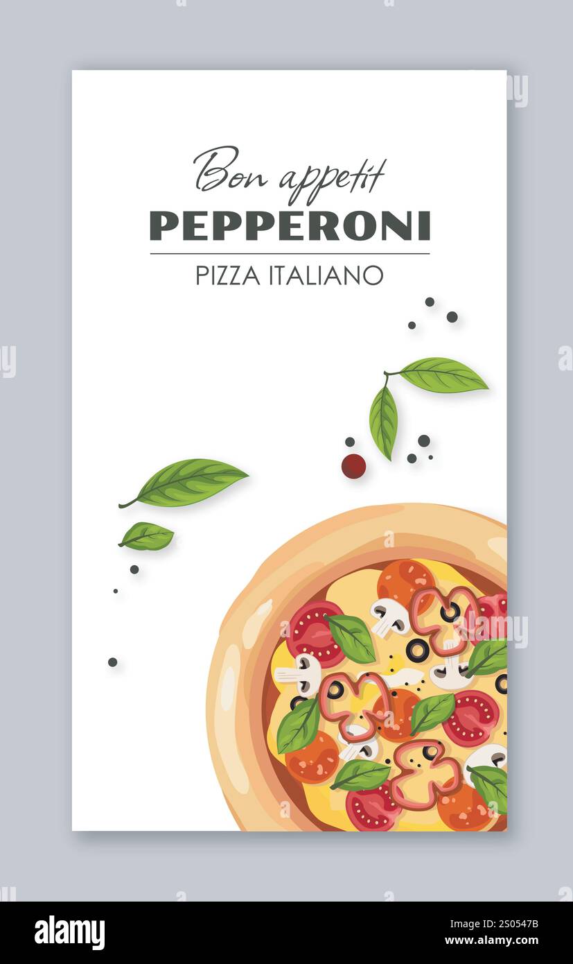 Italian pizza flyer. Poster with pepperoni. Traditional Italian cuisine ...