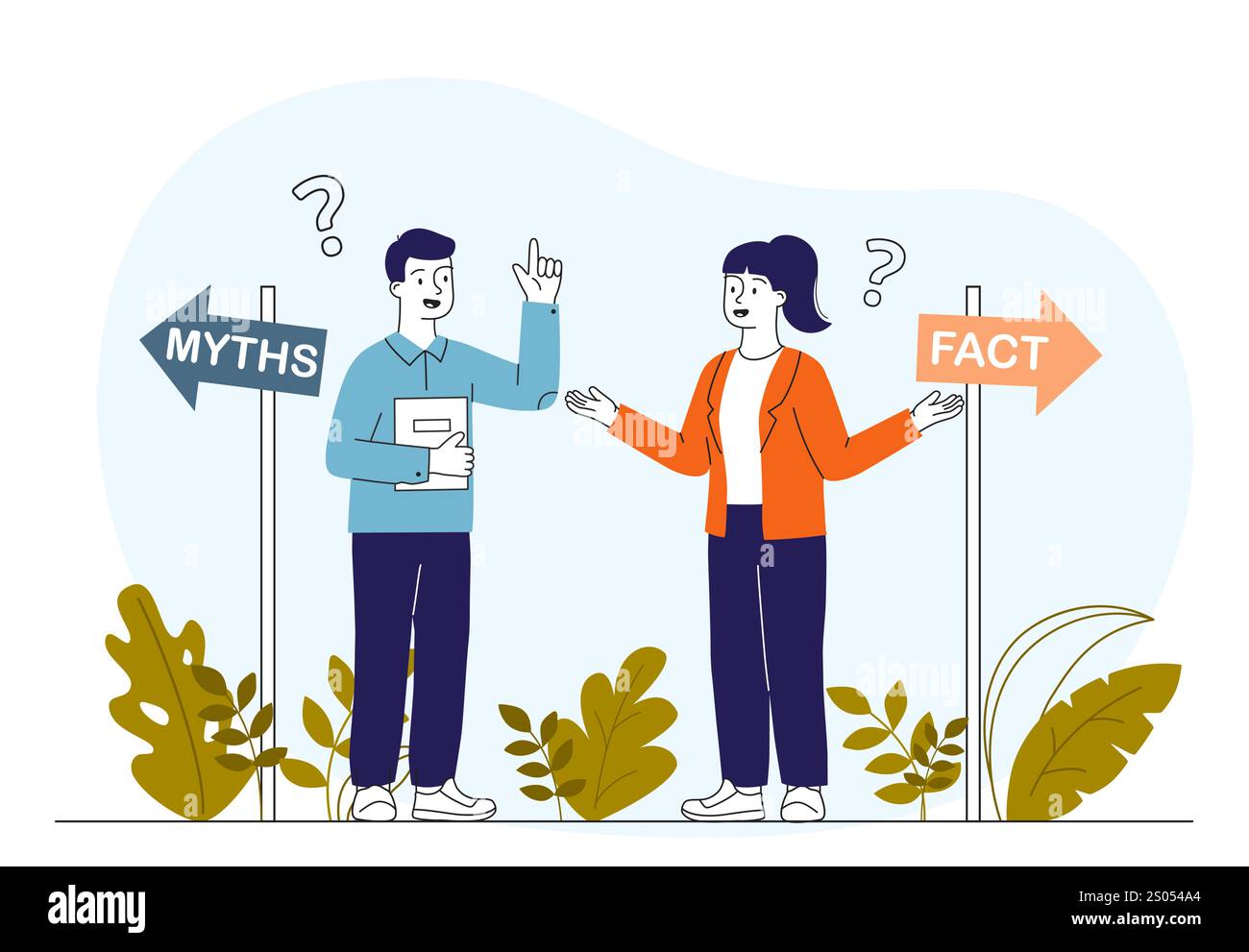 Myth or fact. Man and woman near arrows on road. Decision making ...