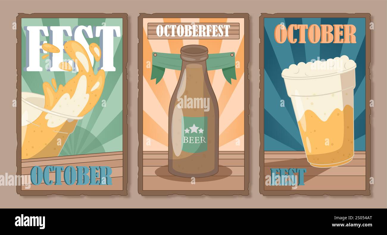 Octoberfest posters set. Glass bottle with beer. Brewery and alcoholic ...