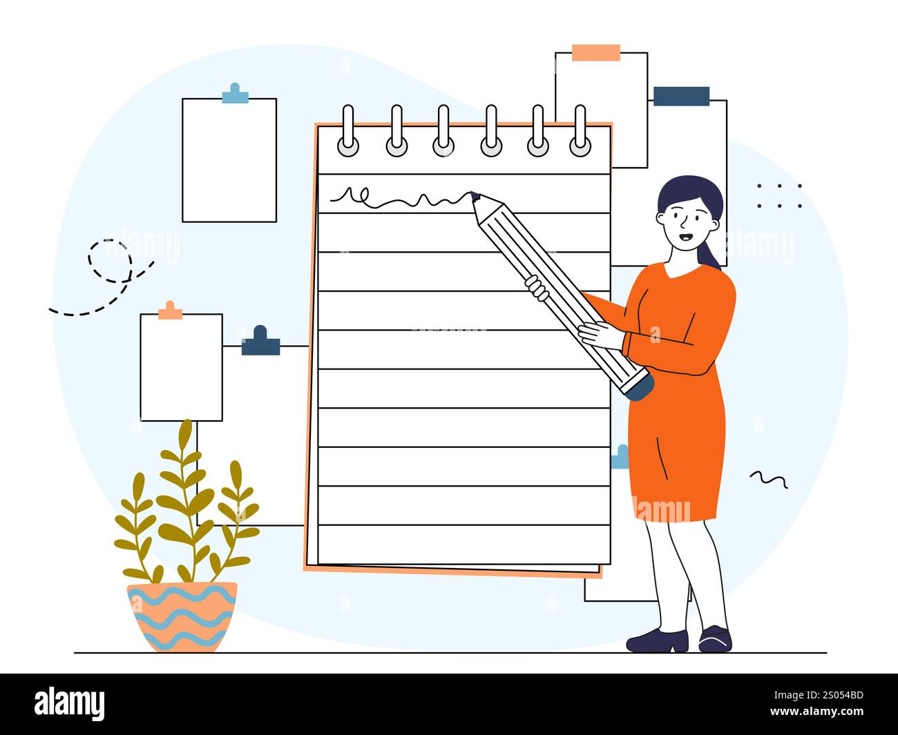 Woman make notes. Young girl with big pencil write in notepad. Planning ...