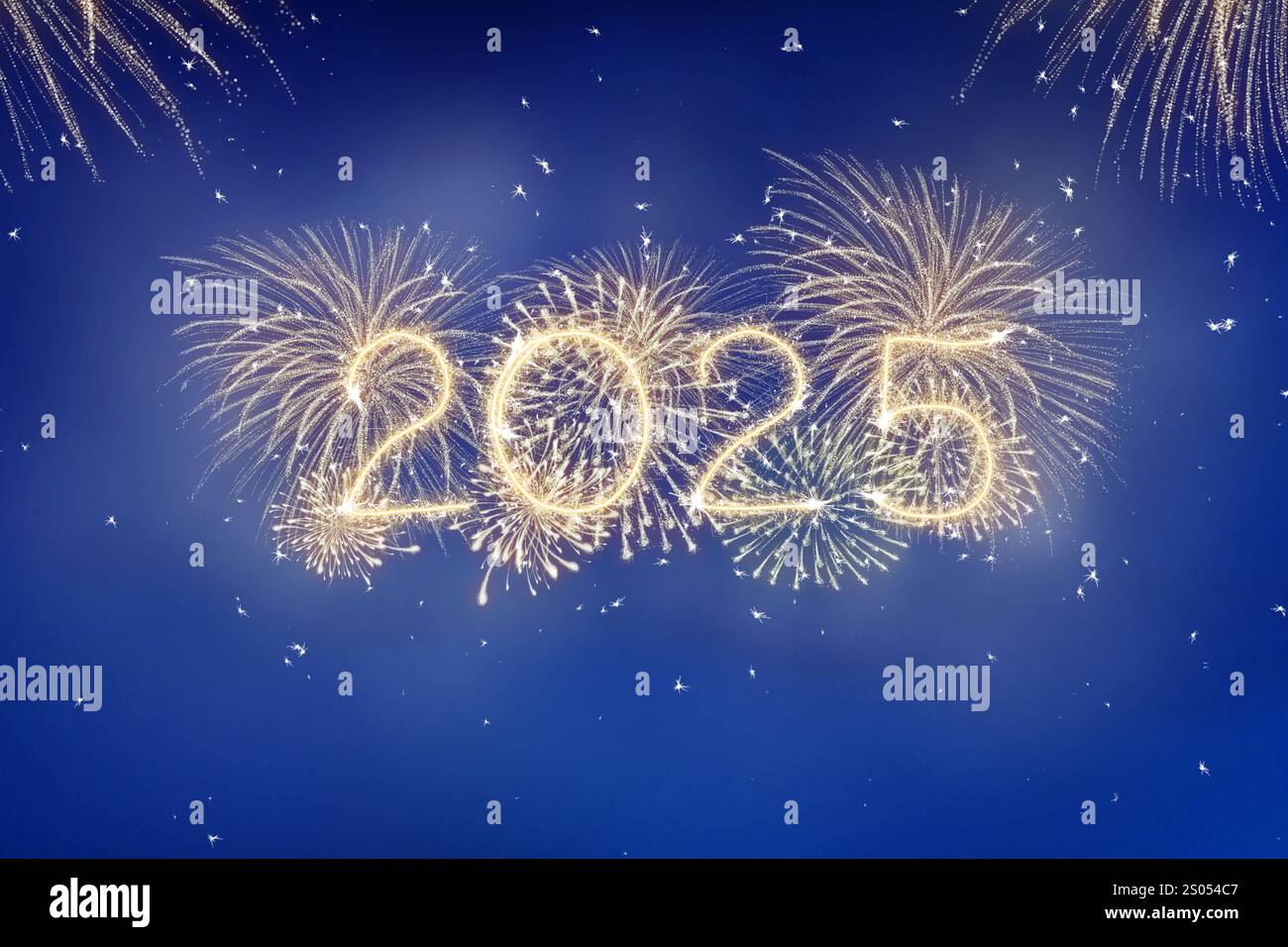 2025 Happy new year party. Fireworks in night sky on new year eve ...