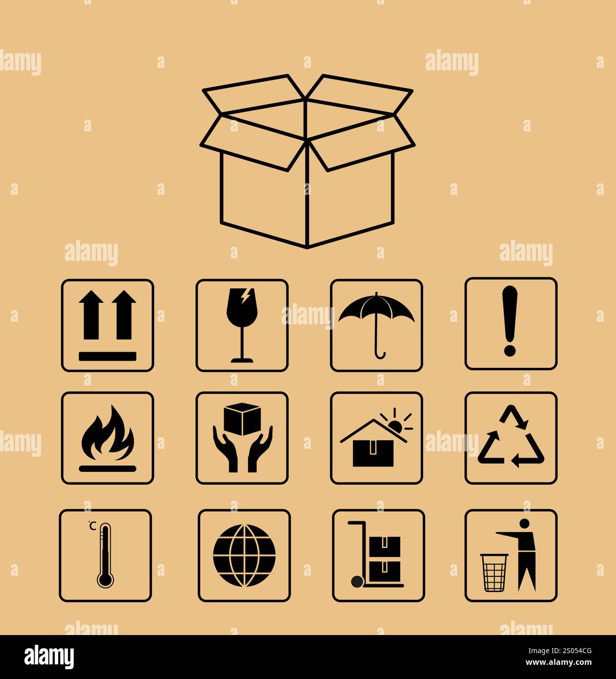 Packaging symbols set. Cardboard package with signs. Information and infographics. Fragile ...