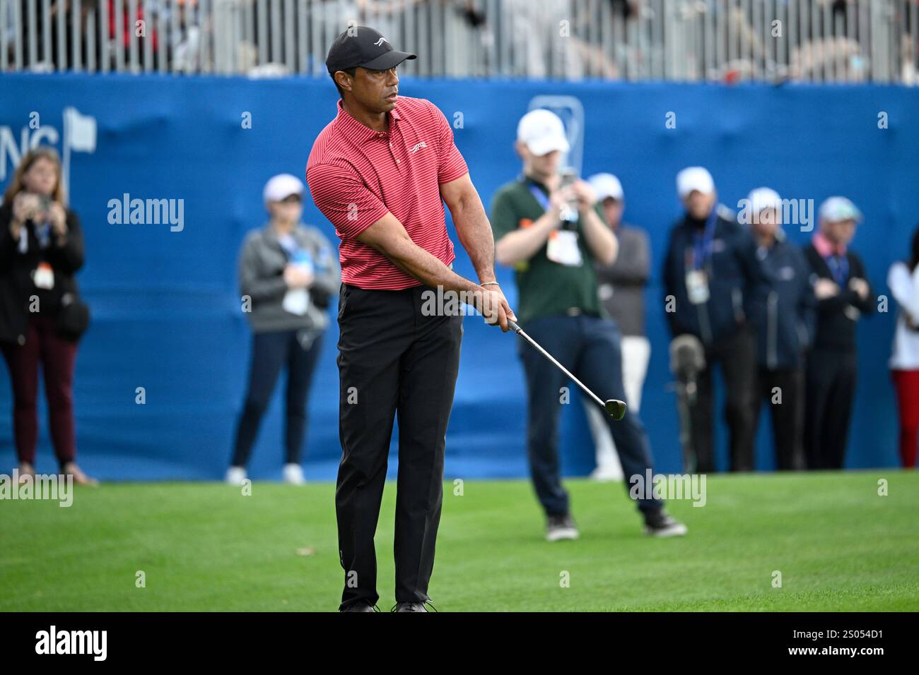 Tiger Woods watches after chipping onto the 18th green during the final ...