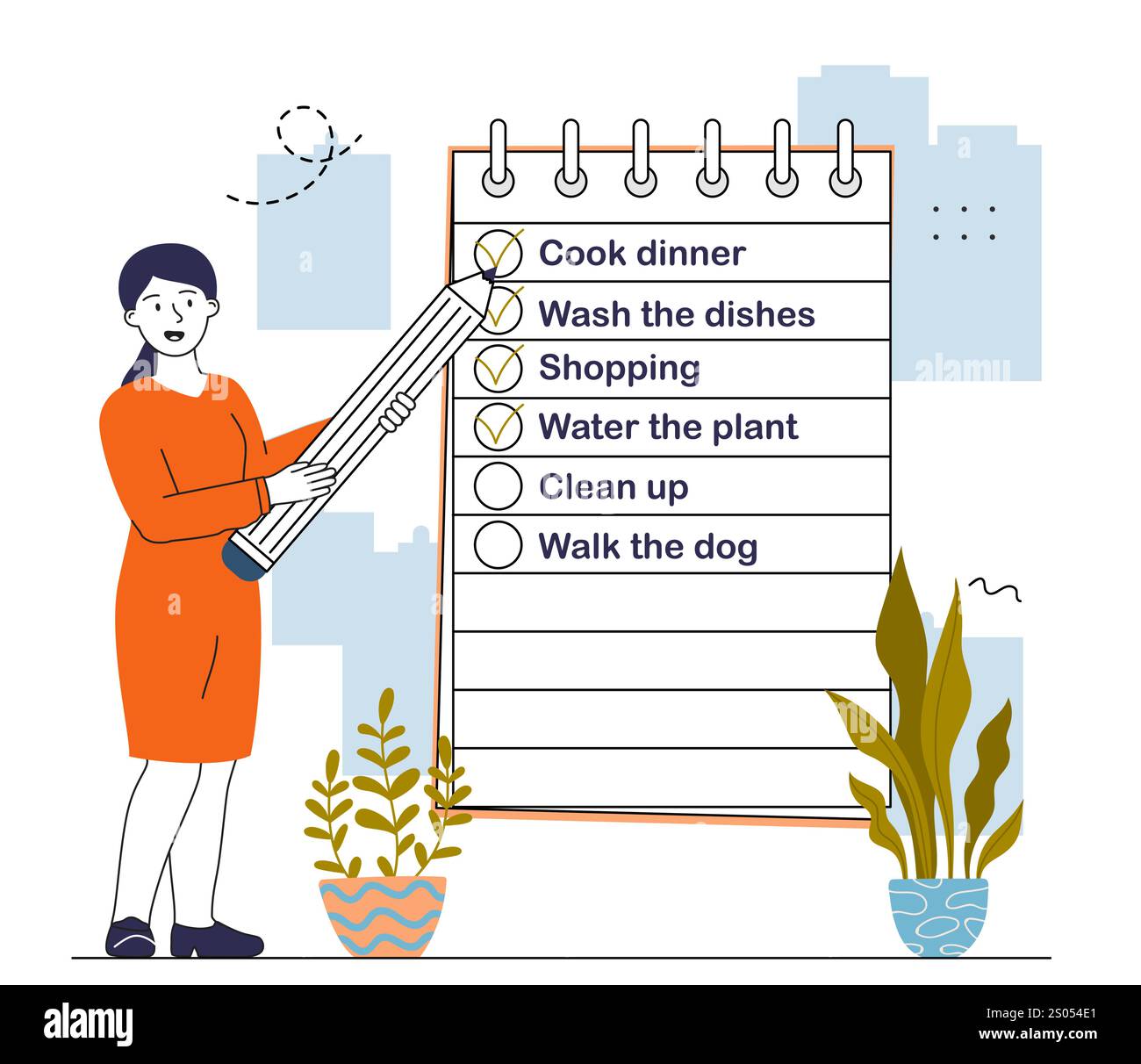 Plans for day. Woman with huge pencil near list of goals and plans ...