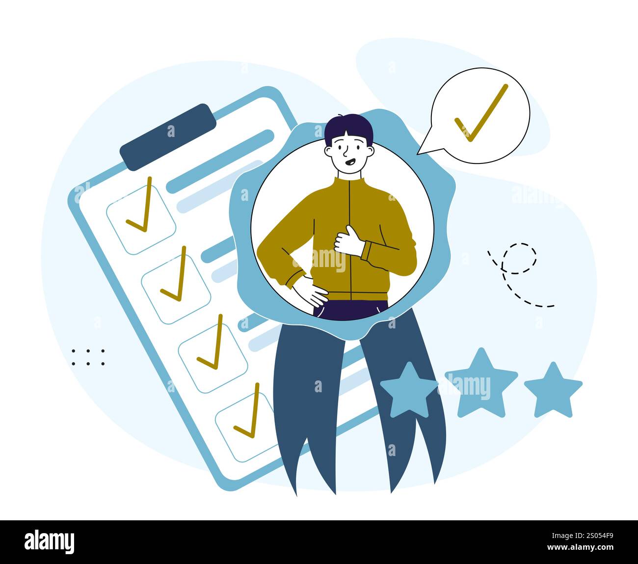 Product quality man. Young guy with quality badge. Clipboard with tasks ...