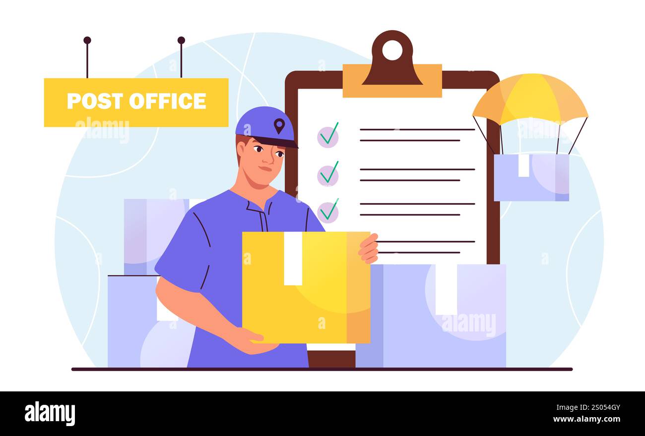 Post office man. Young guy with cardboard box in his hands. Logistics and transportation, home ...