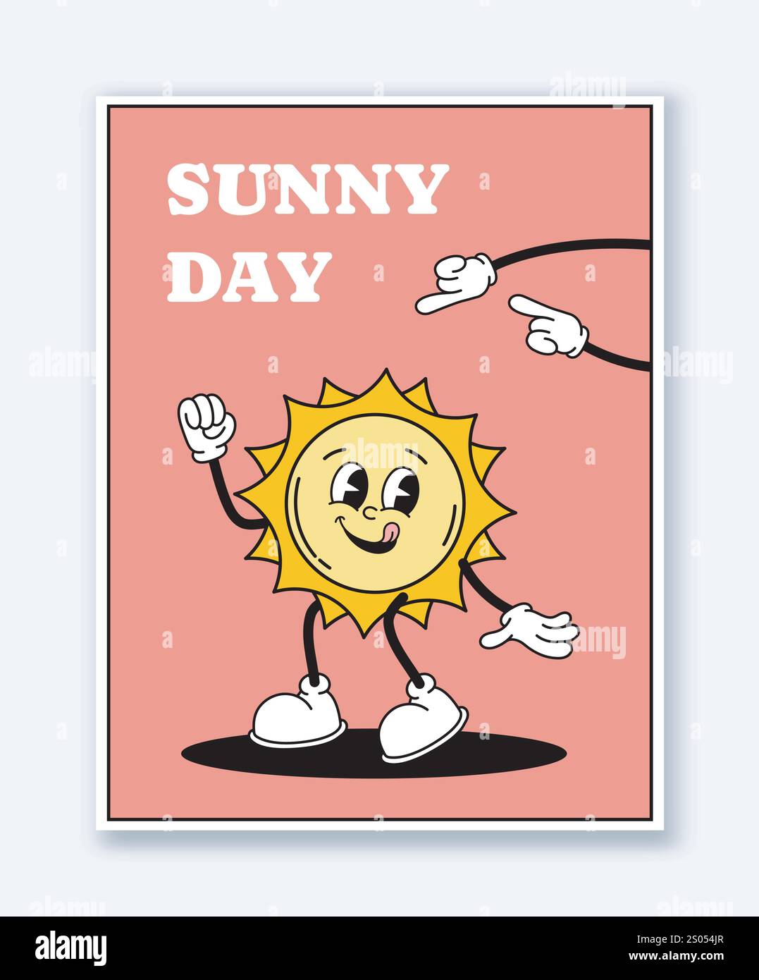 Retro cartoon poster. Sunny day inscription. Happy sun character. Back ...