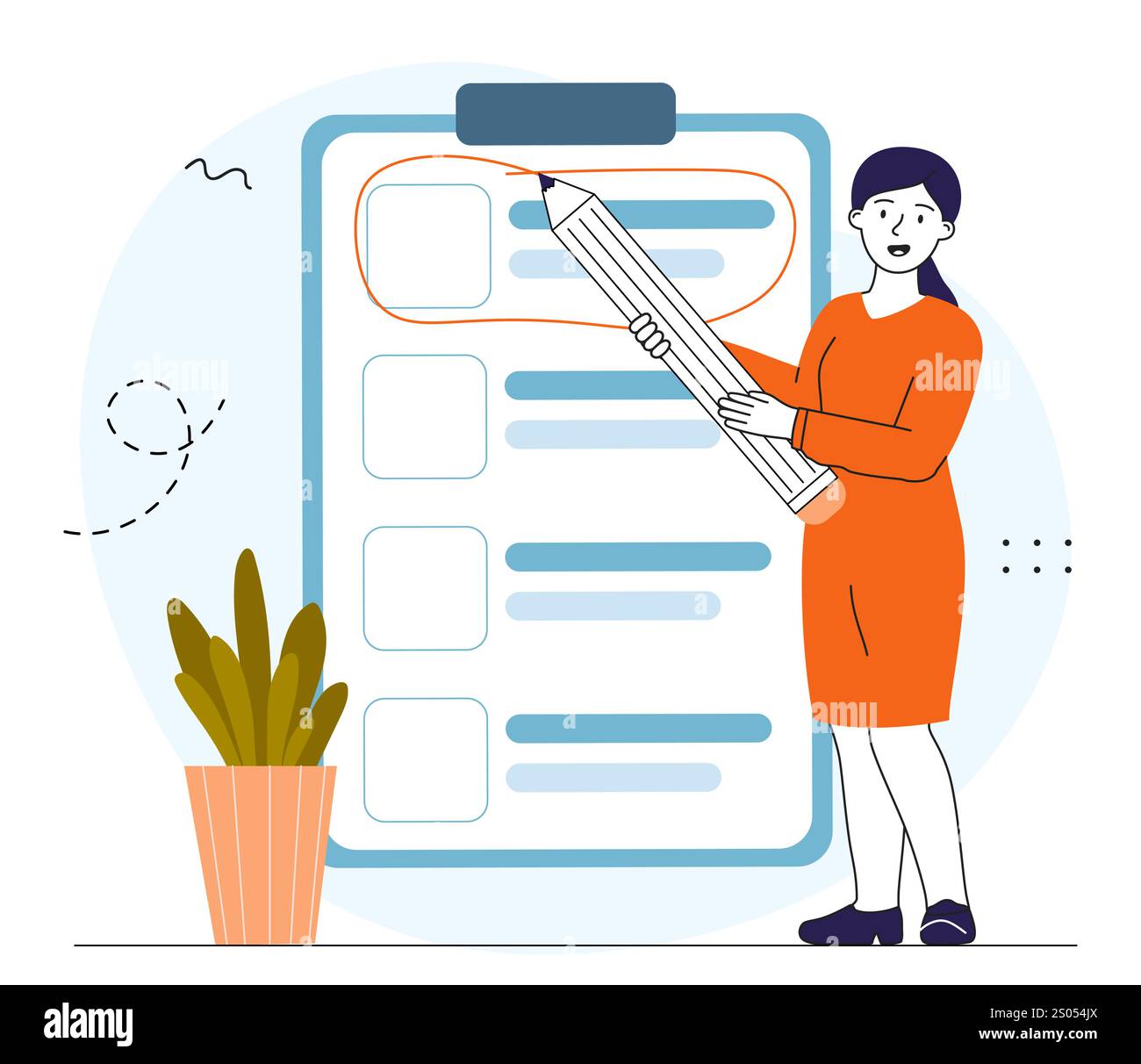 Task priority concept. Woman with large pencil near clipboard with ...