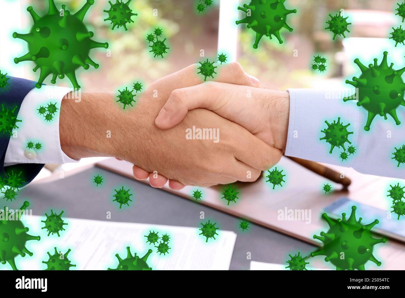 People shaking hands, closeup. Pathogens transmission, illustration of ...