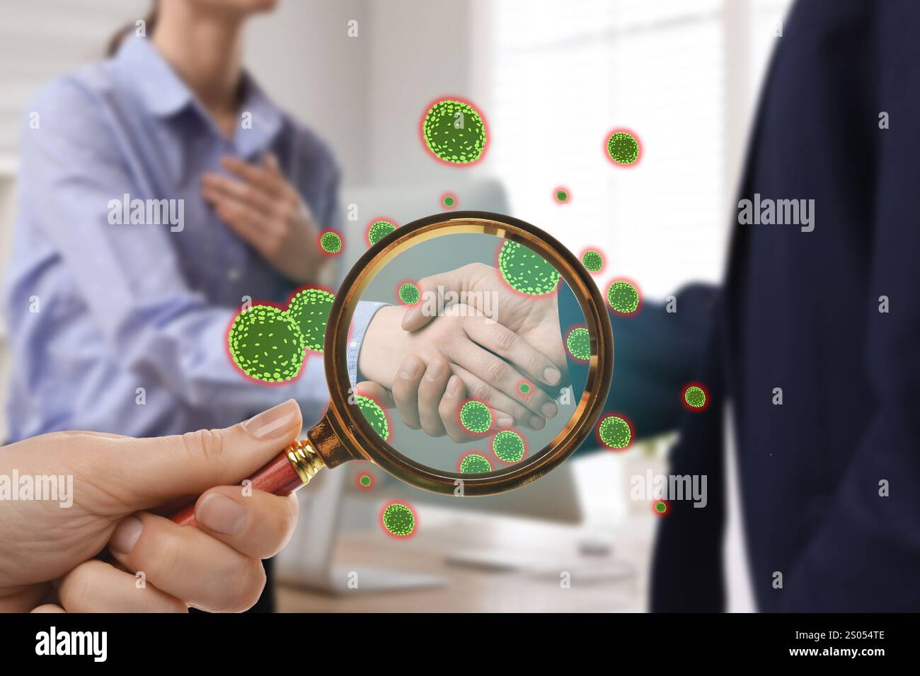 People shaking hands, closeup. Pathogens transmission, illustration of ...