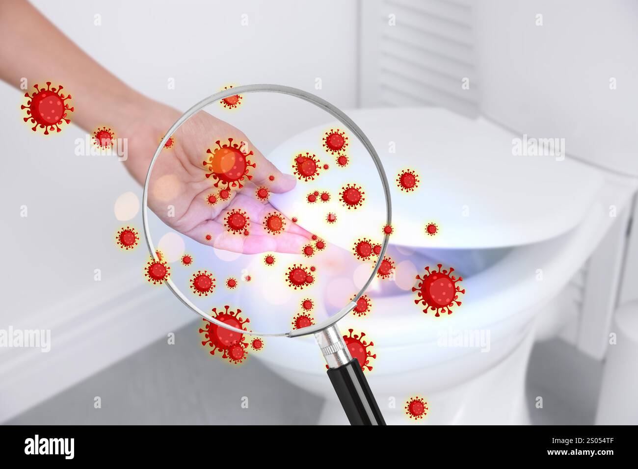 Woman closing toilet seat in bathroom, closeup. Pathogens transmission ...