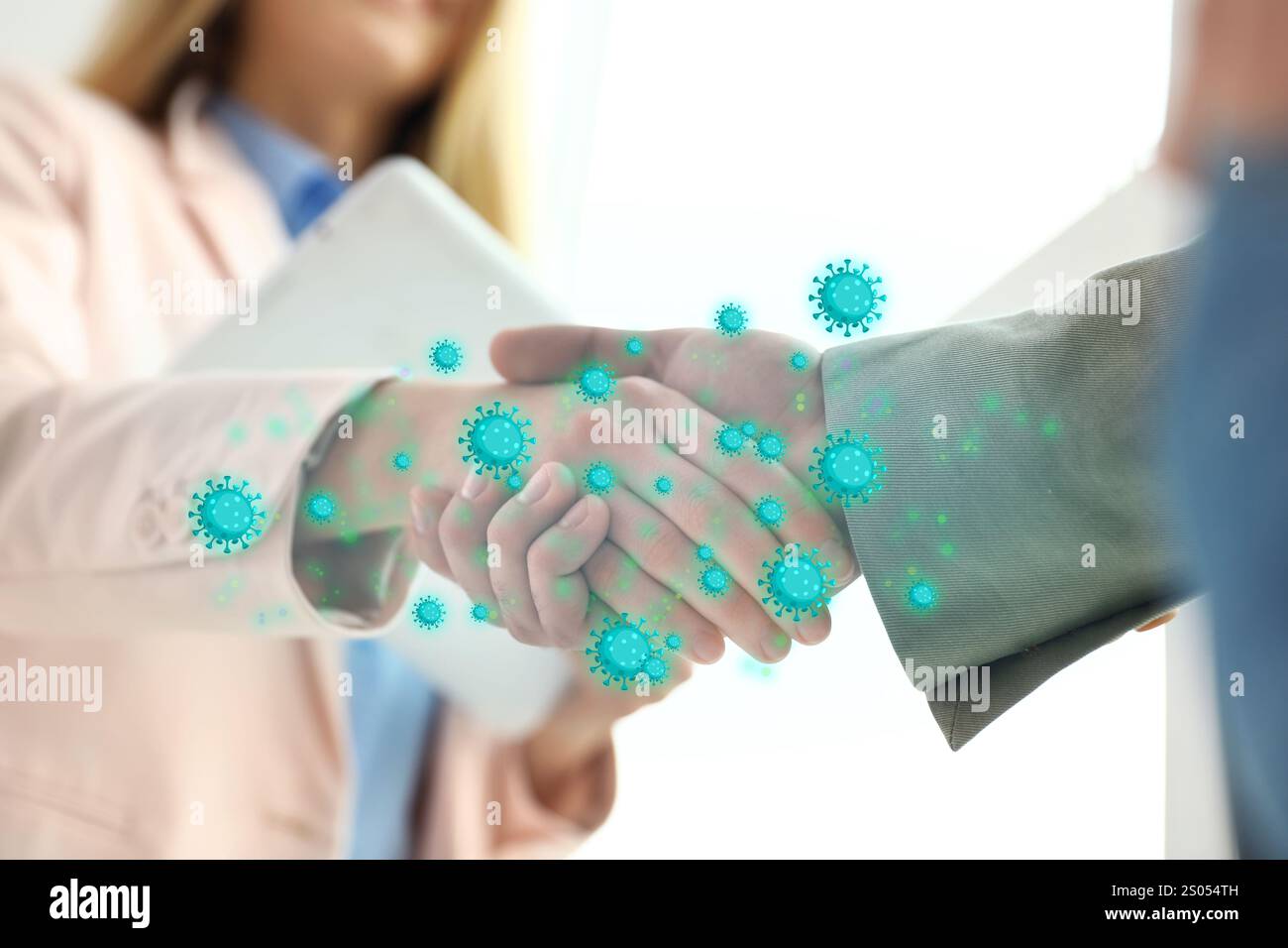 People shaking hands, closeup. Pathogens transmission, illustration of ...
